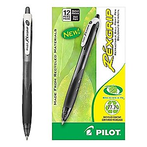 PILOT RexGrip BeGreen Refillable & Retractable Ballpoint Pens, Medium Point, Black Ink, 12-Pack (32370)