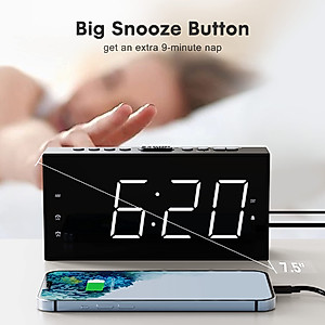 Digital Alarm Clock, 7.5" LED Big Number Clock for Bedroom with 2 Alarms,USB Charging Port,Battery Backup,Dimmer,Adjustable Volume,12/24H,Simple Plug in Digital Clock for Home Bedside Desk Nightstand