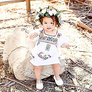 Kashoer Newborn Toddler Baby Girls Ethnic Embroidery Floral Dress Long Sleeve Party Sundress Skirt (6-12Months, White)