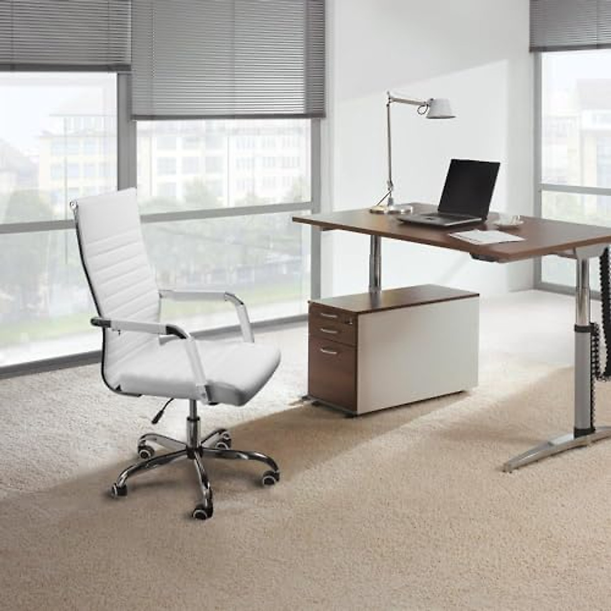 Office Chair,Ergonomic Office Chair Ribbed Office Chair High Back PU Leather Executive Conference Chair Adjustable Swivel Chair with Arms Home Office Desk Chair,