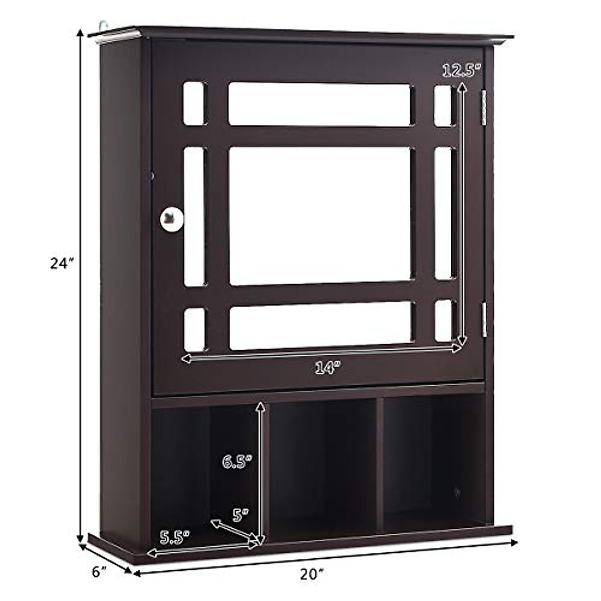 DORTALA Bathroom Wall Storage Cabinet, Mirror Cabinet Organizer, Wooden Hanging Medicine Cabinet Organizer w/Adjustable Shelf & 3 Open Compartments, Brown