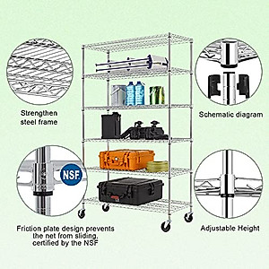 Storage Shelf, 6-Tier Wire Shelving Unit NSF Certified Storage Rack 18" D x 48" W x 78" H 6000Lbs Capacity Adjustable Layer Heavy Duty Metal Rack Steel with Casters for Kitchen Garage Pantry Chrome