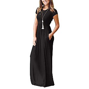MISFAY Women Short Sleeve Loose Plain Maxi Dresses Casual Long Dresses Pockets(Black,L)
