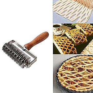 Stainless Steel Dough Lattice Top Cookie Pie Pizza Bread Pastry Crust Roller Cutter,Wood Handle