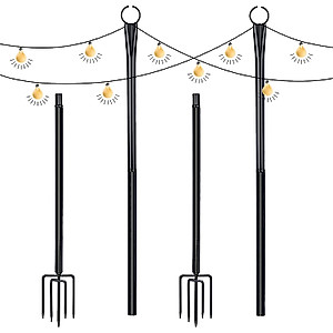 Outdoor String Light Pole, Heavy Duty Light Poles for Outside with Hooks and 4-Prong Fork, Metal Post for Hanging String Lights for Deck, Patio Garden, Backyard, Wedding or Party, 2 Pack