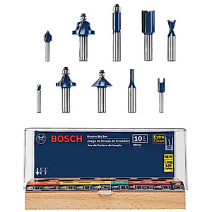 BOSCH RA1181 Benchtop Router Table and RBS010 1/2-Inch and 1/4-Inch Shank Carbide-Tipped All-Purpose Professional Router Bit Set, 10-Piece