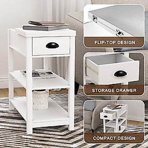 Narrow Flip Top End Table - LifeSky Slim End Table with Drawer - End Tables with Storage for Small Spaces Living Room White