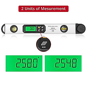 16 inch/40cm Aluminum Digital Angle Finder Built-in Bubble Vials, XUNTOP Digital Protractor 0-225° with Large Backlit Display Ideal for Interior Designer Carpenter Woodworker