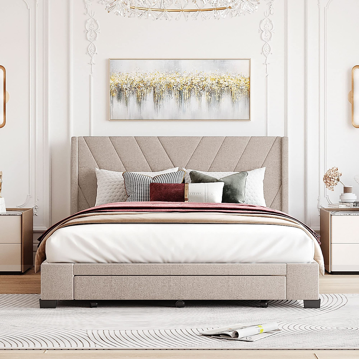 GJHOME Queen Bed Frame with Storage Upholstered Platform Bed Frame with 3 Drawers and Headboard Modern Linen Queen Size Beds with Wooden Slats Support, No Box Spring Box Needed, Beige