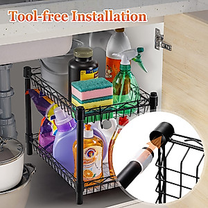 Wahopy Under Sink Organizer, 2 Tier Under Sink Shelf, Bathroom Kitchen Cabinet Under Sink Storage Rack, 2 Wire Baskets with Hooks, Sturdy Metal, Black