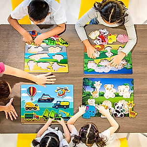 Wtaleop Wooden Peg Puzzle for Toddlers 1-3 Year Old,Funsland Puzzles Gifts Colorful Toys Cartoon Gifts,Farm Zoo Animals Vehicle Arsenal Puzzles (Pack of 4)