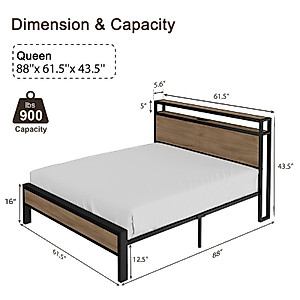 Queen Size Bed Frame, Platform Bed Frame with 2-Tier Storage Headboard and Charging Station/No Box Spring Needed/Noise Free/Industrial/Light Brown