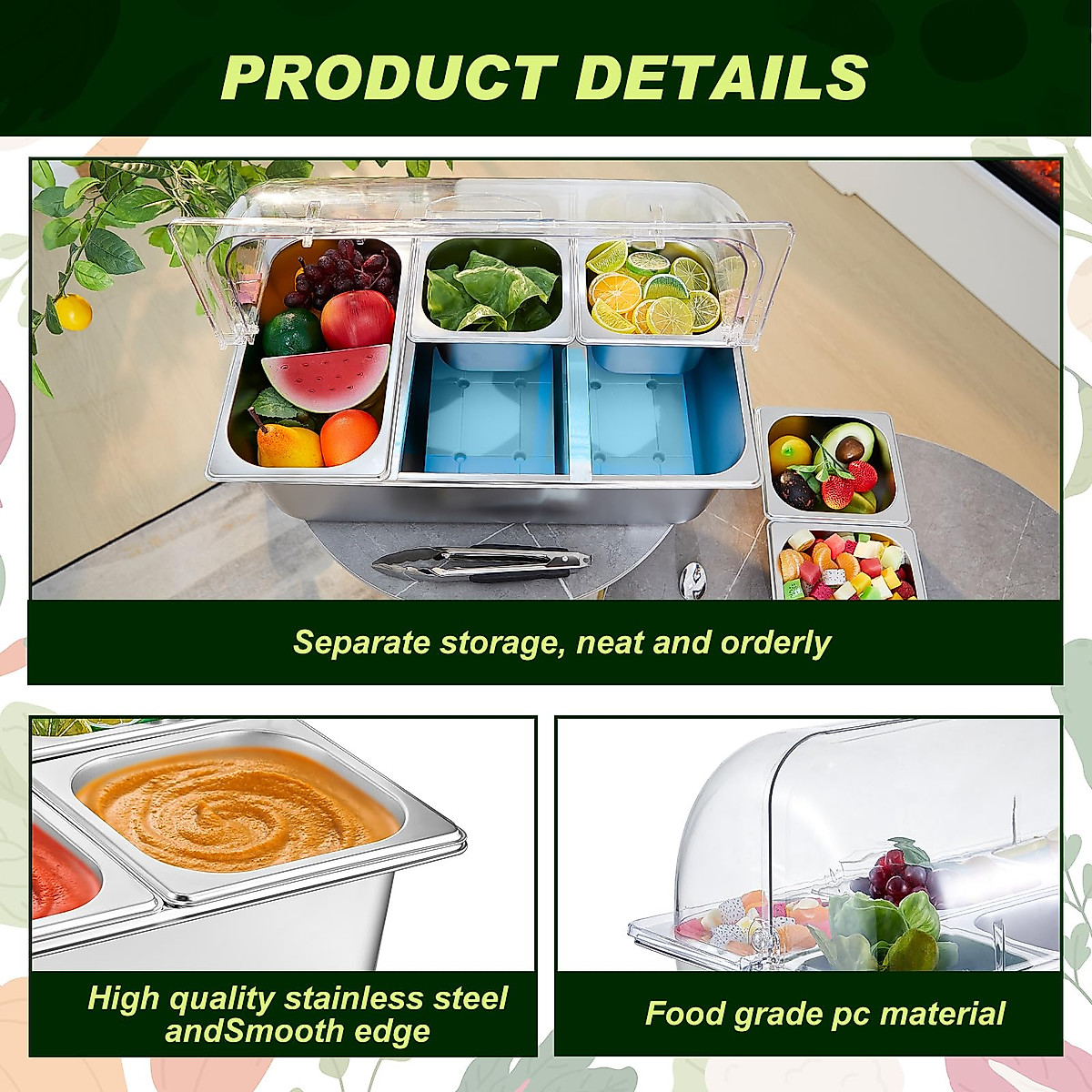 Tessco 1 Set Countertop Ice Food Serving Display Container Condiment Dispenser with Lid Stainless Steel Serving Tray Buffet Station with Clamps Spoons Ice Box for Restaurant Kitchen (5 Compartments)