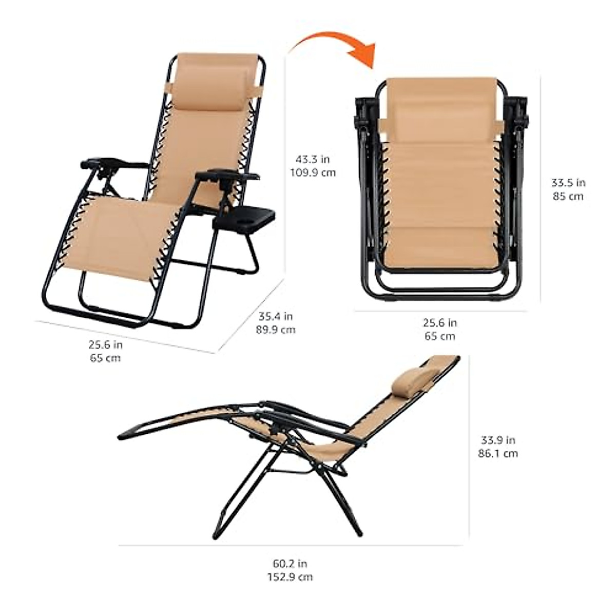 Amazon Basics Outdoor Textilene Adjustable Zero Gravity Folding Reclining Lounge Chair with Pillow, 26", Beige