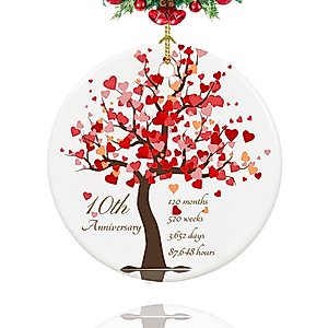 10th Anniversary Ornament, Gifts for 10th Wedding Anniversary, 10 Year Anniversary Valentines Gifts for Couples,Her,Him, 2.9" Ceramic 10 Year Anniversary Christmas Ornaments 2024