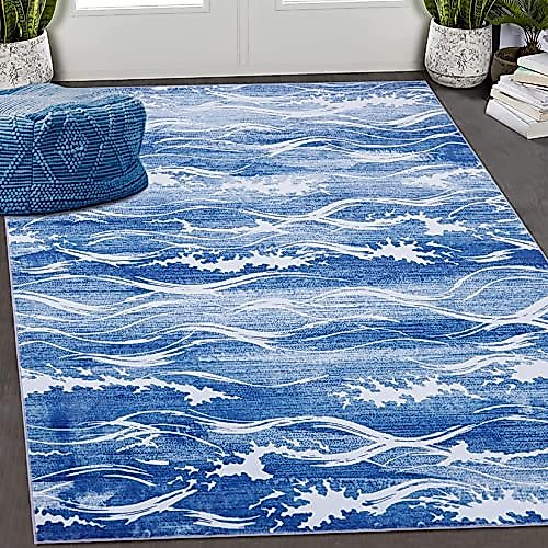 RUGSREAL Throw Area Rug 4x6 Indoor Outdoor Washable Rug Non Slip Low Pile Rug Non-Shedding Ocean Wave Pattern Carpet for Living Room Bedroom Kitchen Home Decor, 4' x 6' Blue