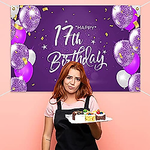 HAMIGAR 6x4ft Happy 17th Birthday Banner Backdrop - 17 Years Old Birthday Decorations Party Supplies for Girls - Purple