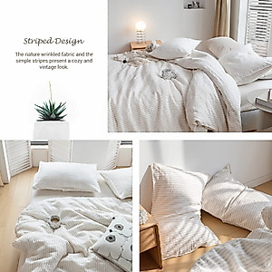 Simple&Opulence 100% Pure Linen Duvet Cover Set, 3Pcs Striped Washed Natural Flax Bedding Set with Button Closure, Soft Breathable Durable Farmhouse,1Duvet Cover and 2Pillowshams (Queen, Brown Stripe)