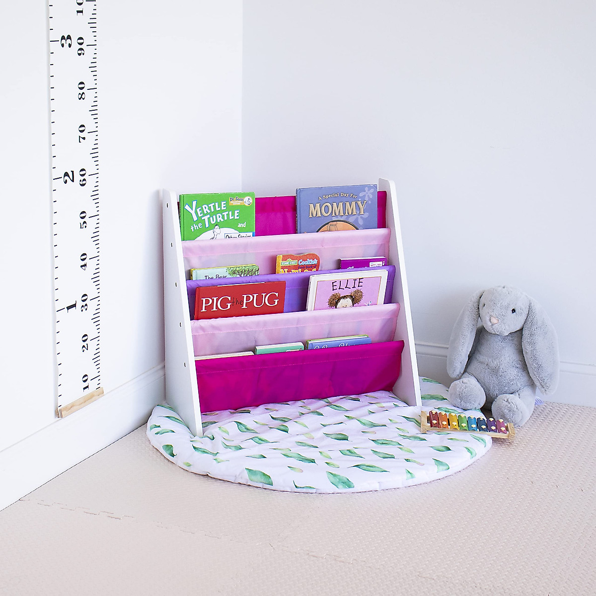 Humble Crew 4-Tier Kids Bookshelf, White Wood/Pink/Purple - Premium Book Shelf for Kids Rooms with Four Deep Pockets - Toddler Sling Book Rack with Deep Sleeves, Nursery Bookcase Organizer