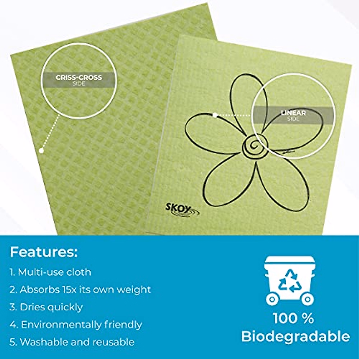 Skoy Cloth Eco-Friendly and Reusable Swedish Dishcloth, for Kitchen and Household Use, Environmentally Friendly, Plastic-Free, Apple Green, 8-Pack