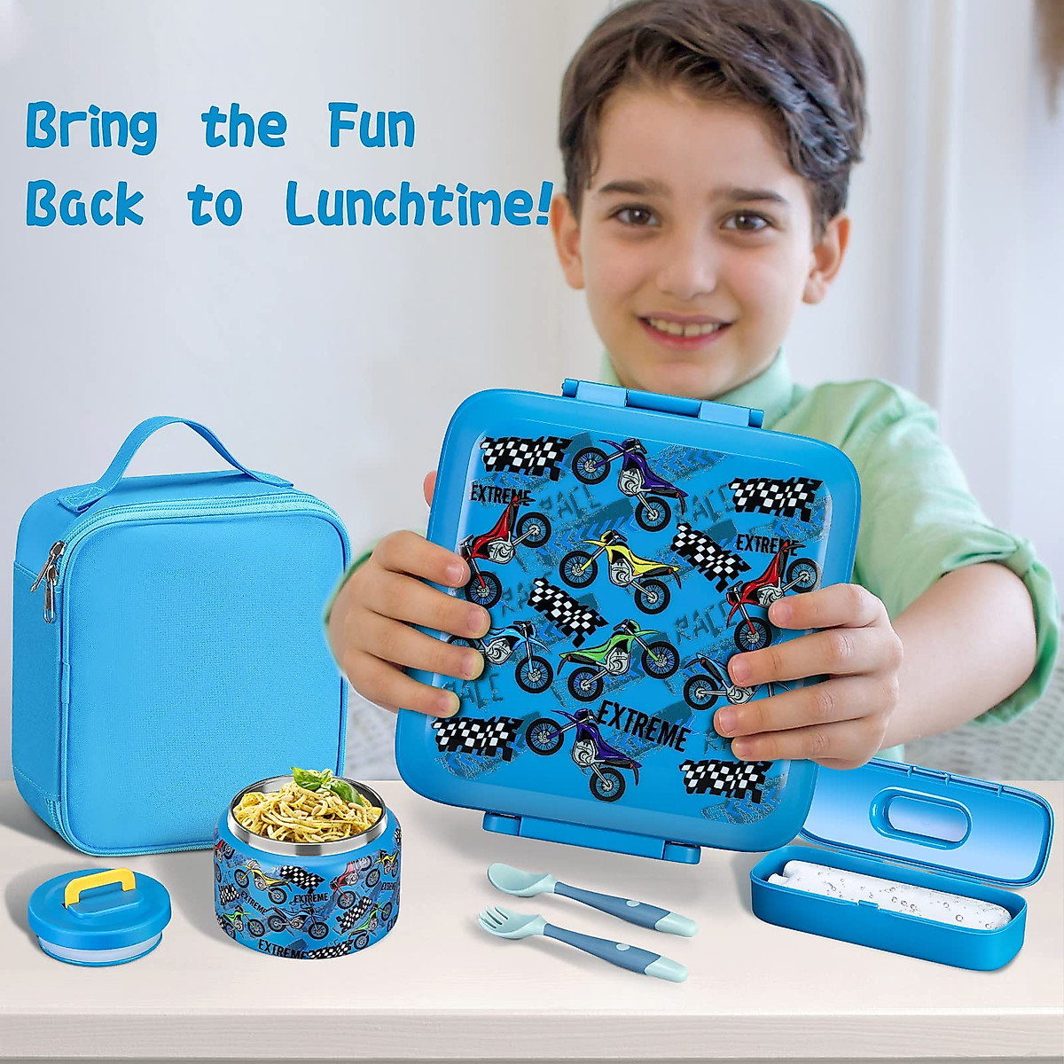 JXXM Bento Lunch Box for Kids With 8oz Soup thermo,Leak-proof Lunch Containers with 5 Compartment,thermo Food Jar and Lunch Bag, Food Containers for School (A-Blue(Extreme Locomotive))