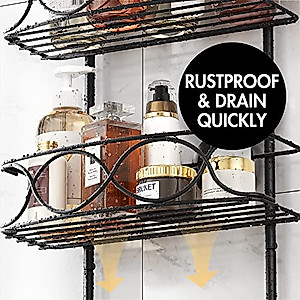 LEVERLOC Shower Caddy Over Shower Head Anti-Swing with Strong Suction Cup, Shower Organizer Hanging Rustproof with Hooks for Razor Towel and Sponge, Shower Shelf for Bathroom, Metal Black