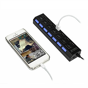 7 Ports USB 2.0 USB Hub, Individual Power On/Off USB Charging High Speed Data Transmitting Hub Adapter for PC Laptop
