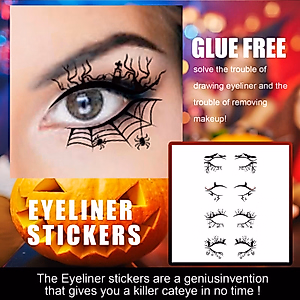 4 Pairs of Halloween Eye Shadow Temporary Tattoo Stickers Eyeliner Decals with 2 Sheets Spider Web Skull Bat Temporary Tattoo Stickers Face eye Makeup Stickers for Women Girls Halloween Masquerade Party