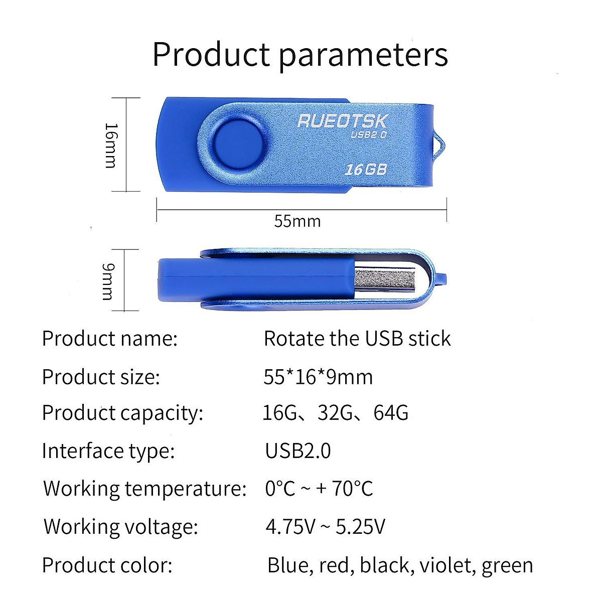 RUEOTSK USB Flash Drive 5 Pack 16GB Rotatable USB 2.0 Pen Drive Flash Memory Drive (Blue Red Purple Green Black) (XZ-5PCS-16G-002)