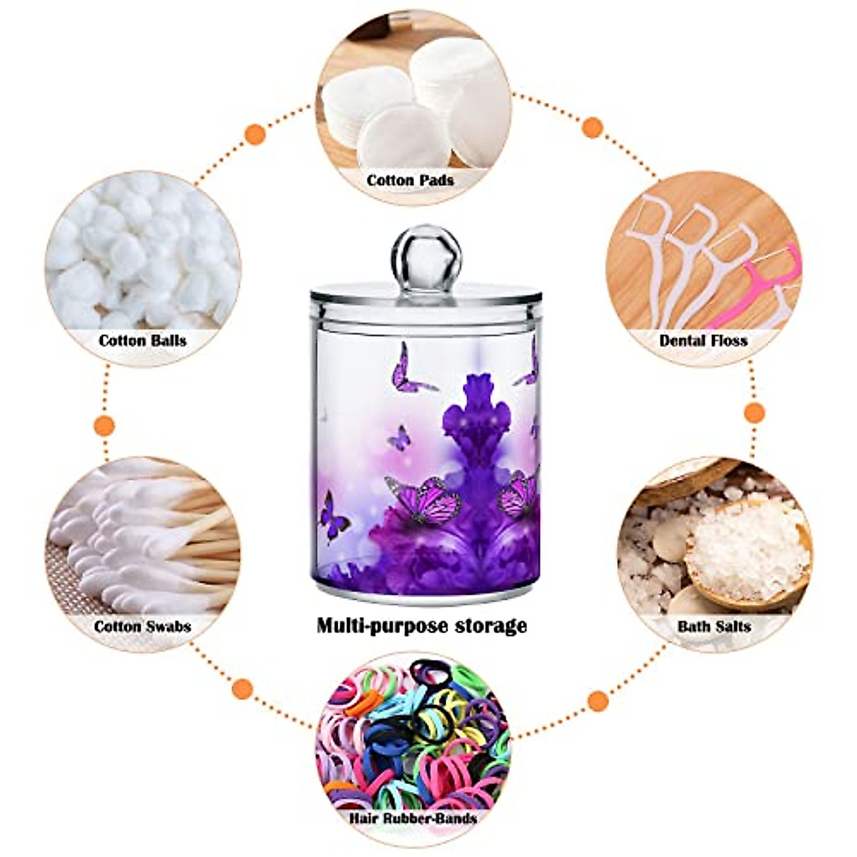 ALAZA 2 Pack Qtip Holder Dispenser Purple Butterflies Flowers Hydrangeas Iris Bathroom Organizer Canisters for Cotton Balls/Swabs/Pads/Floss,Plastic Apothecary Jars for Vanity