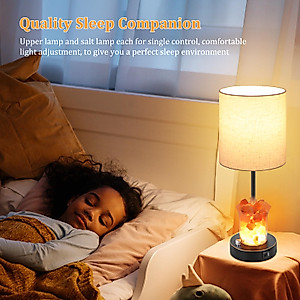 Dott Arts Table Lamp with Salt Lamp, 3-Way Dimmable Bedside Nightstand Lamp with USB Ports and AC Outlet, Touch Lamp for Living Room Bedrooms Reading Room, Bulbs Included