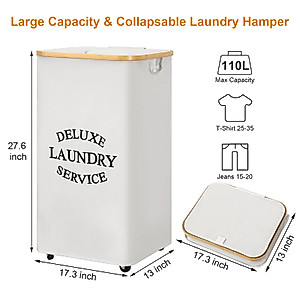 WOWLIVE 100L Laundry Hamper with Wheels,Large Laundry Basket with Lid and Bamboo Handles,Collapsible Clothes Hampers for Laundry with Removable Laundry Bag for Bedroom,Bathroom,Dorm,Beige