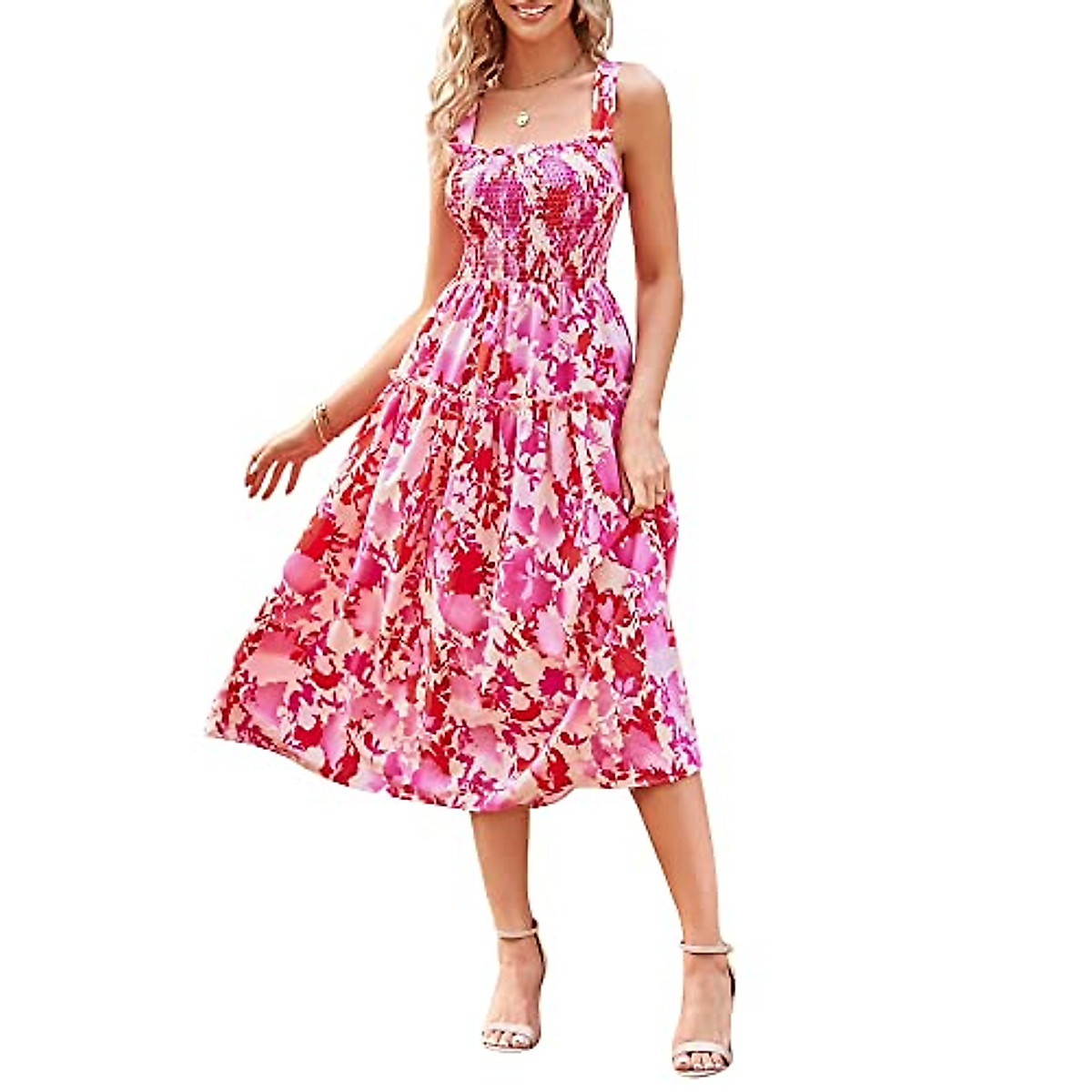 ZAFUL Women's Summer Maxi Dress Boho Floral Casual Ruffle Smocked Halter Backless Knot Long Flowy Beach Sun Dress