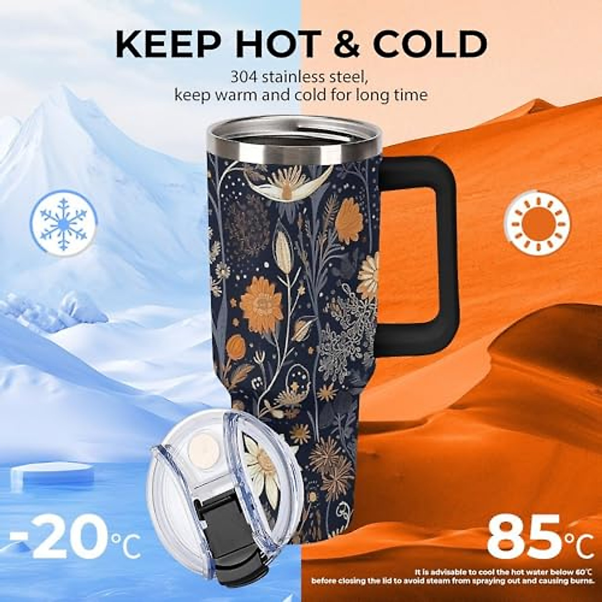 YTLKGFP 40 Oz Large Capacity Car Cup Decorated with Stars Tumbler with Handle (Black) Straw Lid Insulated Stainless Steel Water Bottle Travel Mug Leak-proof Car Cup Keeps Cold Or Hot