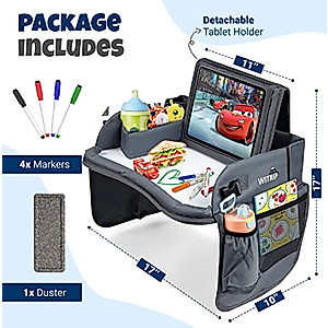 WITRIP Kids Travel Tray with Dry Erase Board, Travel Tray for Kids Car Seat, Carseat Table Trays for Toddler, Kid Activity Desk for Air Travel, No-Drop Tablet Holder & Borders (All Grey)