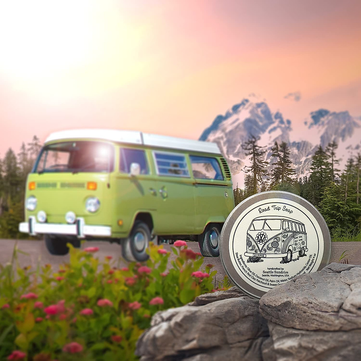 Seattle Sundries | Patchouli Soap Bar for Women & Men - 1 (4oz) Handmade Bar Soap in a Low Waste Travel Tin - Volkswagen Bus Gift.