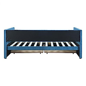 Merax Twin Size Corduroy Daybed with Two Drawers and Wood Slat,Sofa Bed Frame for Bedroom,Boys,Blue