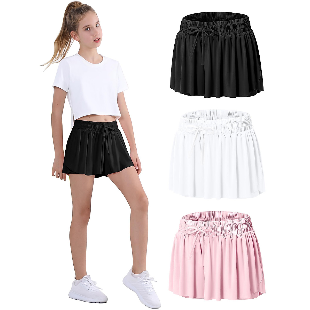 EXARUS 3 Pack Girls Butterfly Shorts Flowy Athletic Dance Cheer Running 2 in 1 Preppy Tennis Flutter Gym Kids Activewear Black White Pink 12Y