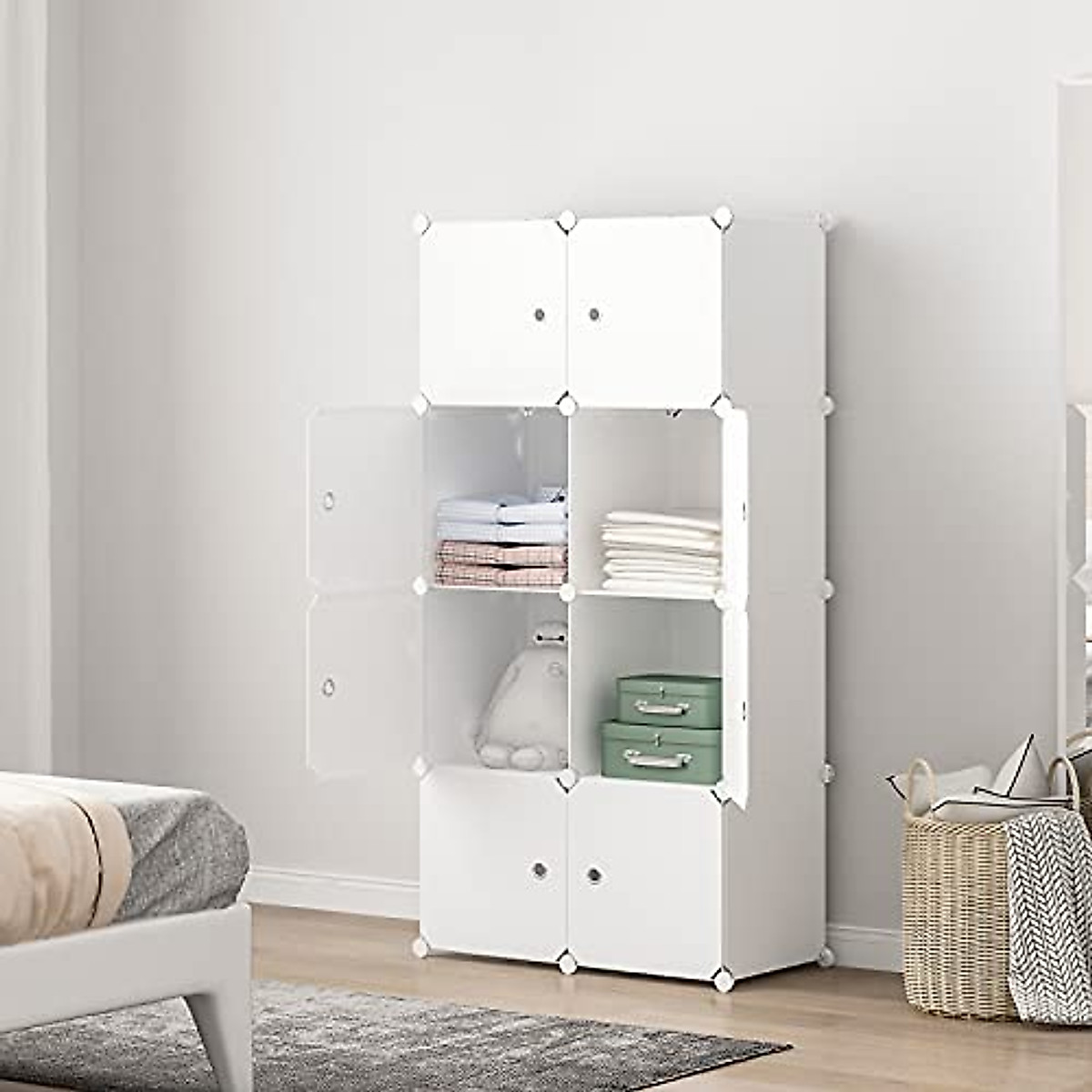 Aeitc Portable Wardrobe Closets 14"x18" Depth Bedroom Armoire, Clothes Storage Organizer with Doors, 8 Cubes, White