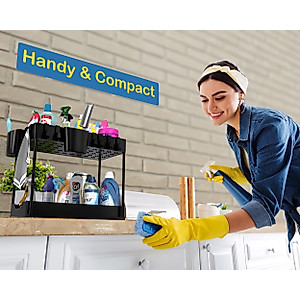 SLAH Pack of 2 Under Sink Organizers and Storage for Bathroom - 2 Tier Undersink Storage with Sliding Drawer and Hanging Hooks - Multi-purpose Organization for Kitchen Sink Organizer Under Cabinet