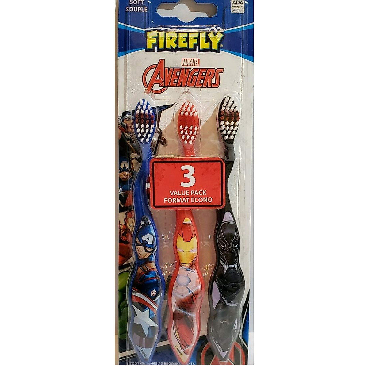 Firefly Avengers Toothbrush Pack (3) Toothpaste Kit Features Avenger Characters Iron Man Captain America Black Panther Travel Dental Set for Kids.