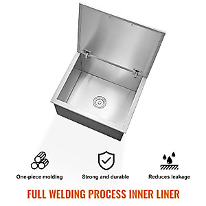 VEVOR Drop in Ice Chest, 28" L x 16" W x 17" H Stainless Steel Ice Cooler, Commercial Ice Bin with Hinged Cover, 40 qt Outdoor Kitchen Ice Bar, Drain-Pipe and Drain Plug Included, for Cold Wine Beer