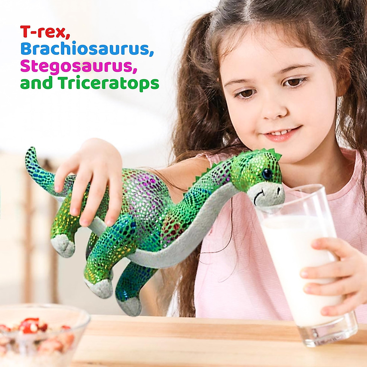 BUILD ME Plush Dinosaur Stuffed Animal Set of 4 Soft Dinosaurs, 12" Stuffed Dinosaur Set Includes T-Rex Brachiosaurus Stegosaurus and Triceratops Toys for Boys, Volcano Toys for Kids 3-5