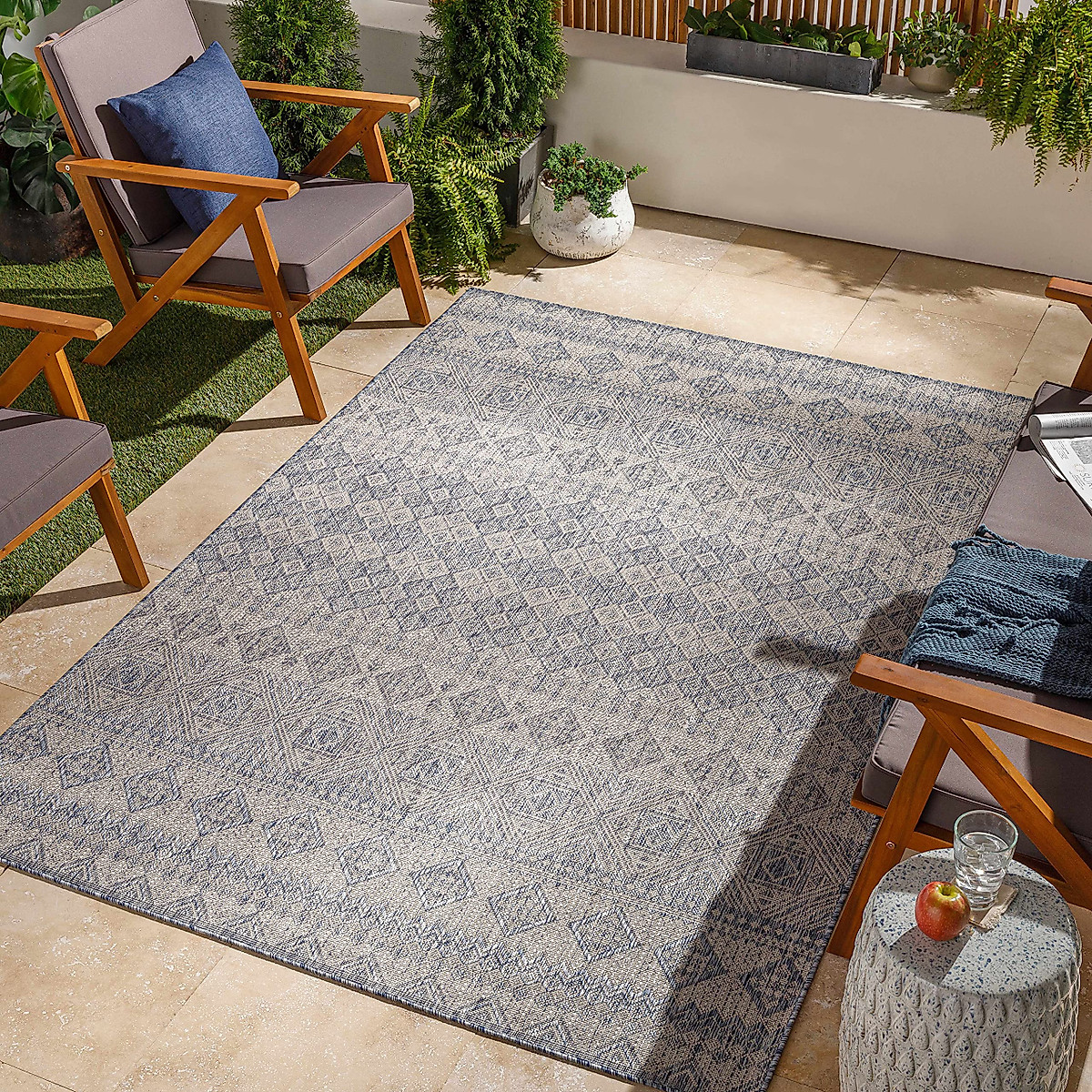 BoutiqueRugs Tominhao Bohemian, Transitional Area Rug - Outdoor Safe - Pale Blue, Tan, Navy - 7'10" x 10'