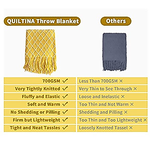 QUILTINA Boho Knitted Throw Blanket for Couch, 700GSM Soft Bed Throw with Tassel for All Seasons, Lightweight Spring/Summer Blanket, Suitable for Decoration and Outdoor Use (54"x67" Yellow)