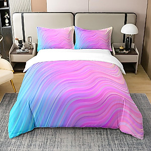 Erosebridal 100% Organic Cotton Rainbow Comforter Cover, Girls Bright Iridescent Striped Inspired Curved Lines Gradient Tie Dye Effect Hippie Comfy Bedding Set, Full Size, Teal Pink