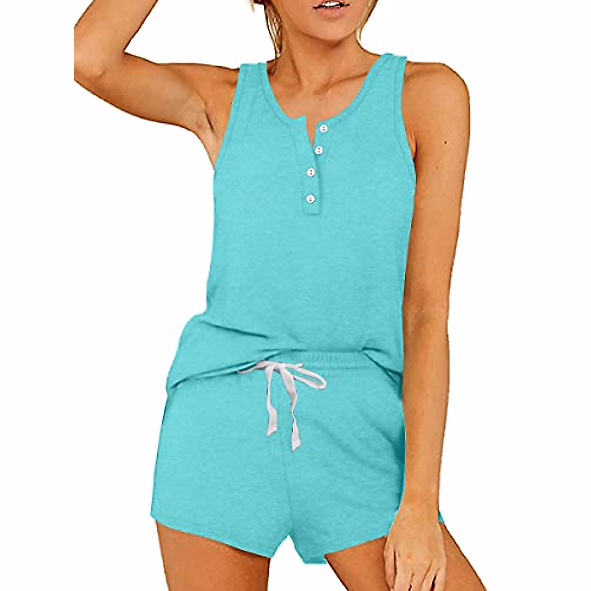 Dofaoo Womens Two Piece Outfits Cute Green Short Sets Henley Tank Tops Loose Fit Summer XL