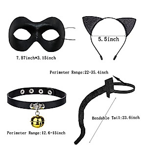 PUCAPOCO Black Cat Costume for Kids Adults 4PCS Black Cat Ears Headband Tail Eye Cover Bell Choker Cartoon Cat Cosplay Accessories for Halloween Masquerade Party