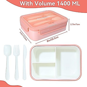 Alilizi Bento Box for Kids/Toddlers/Adults, 1400ML Insulated Lunch Box with 3 Compartments with Spoon & Fork, Durable for On-the-Go Meal, Food-Safe Materials and BPA-Free (Pink)