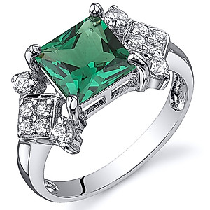 PEORA Simulated Emerald Ring Sterling Silver Princess Cut 1.50 Carats Size 6